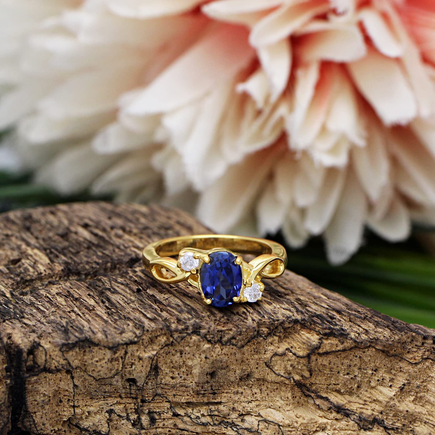 AFFY Simulated Blue Sapphire & White CZ Engagement Ring in 14k Yellow Gold Over Sterling Silver (0.88 cttw) Ring Size-4