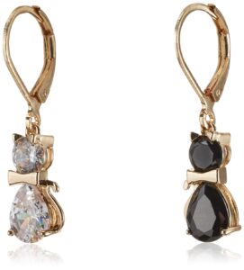 betsey johnson cz cat mismatched drop earrings, crystal/black