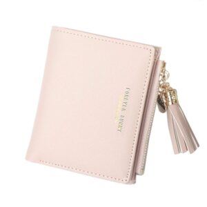 belsmi women's small compact slim leather mini wallet lady purse zipper pocket card organizer bifold wallets (pink)