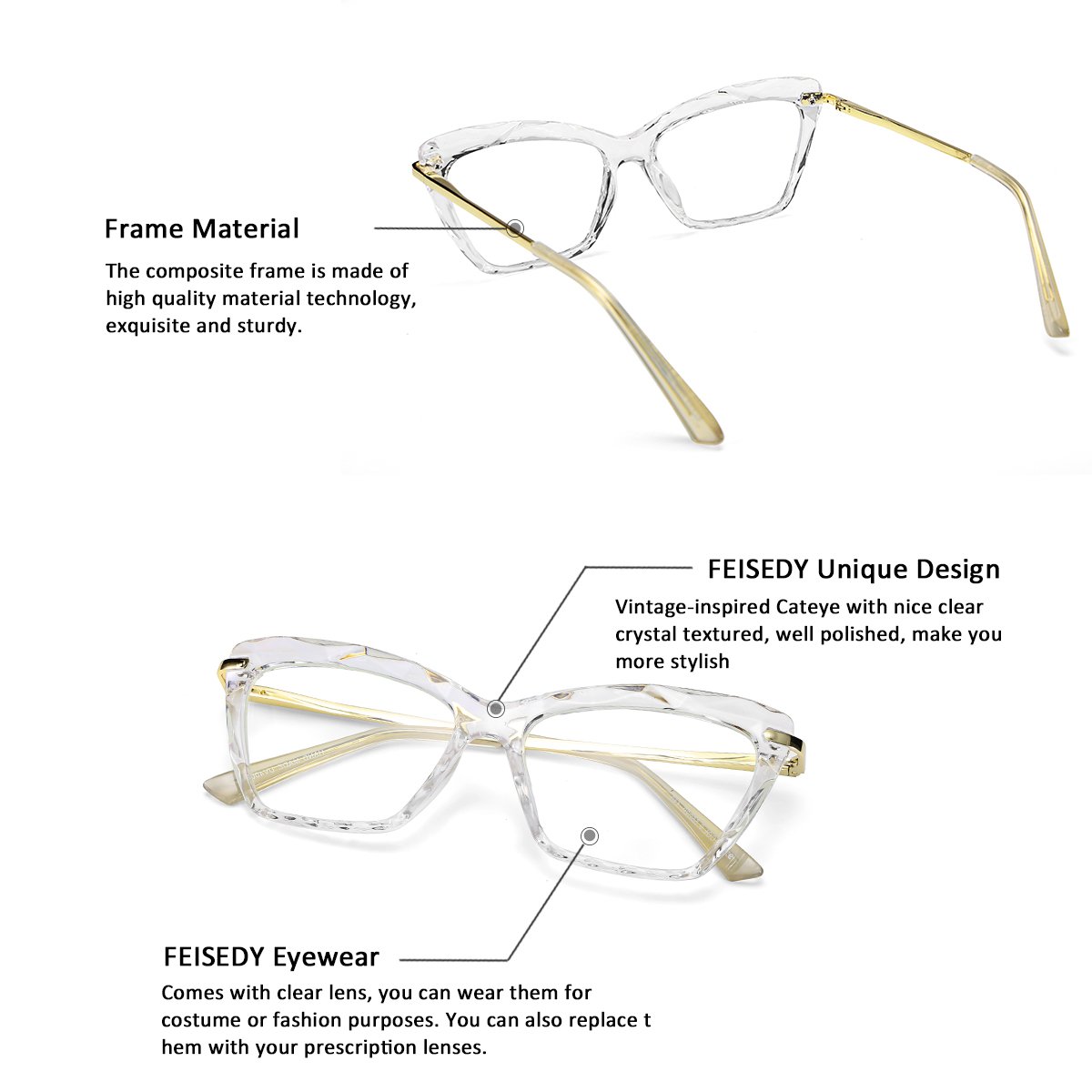 FEISEDY Cat Eye Glasses Frame Clear Lenses Eyewear Women B2440