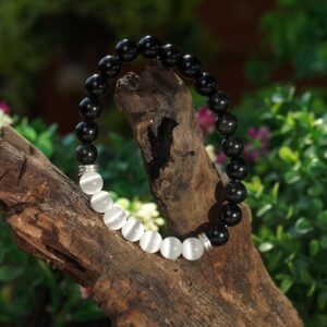 Natural Black Obsidian Crystal Bracelet - Chakra Healing Selenite Agate for Energy Balancing