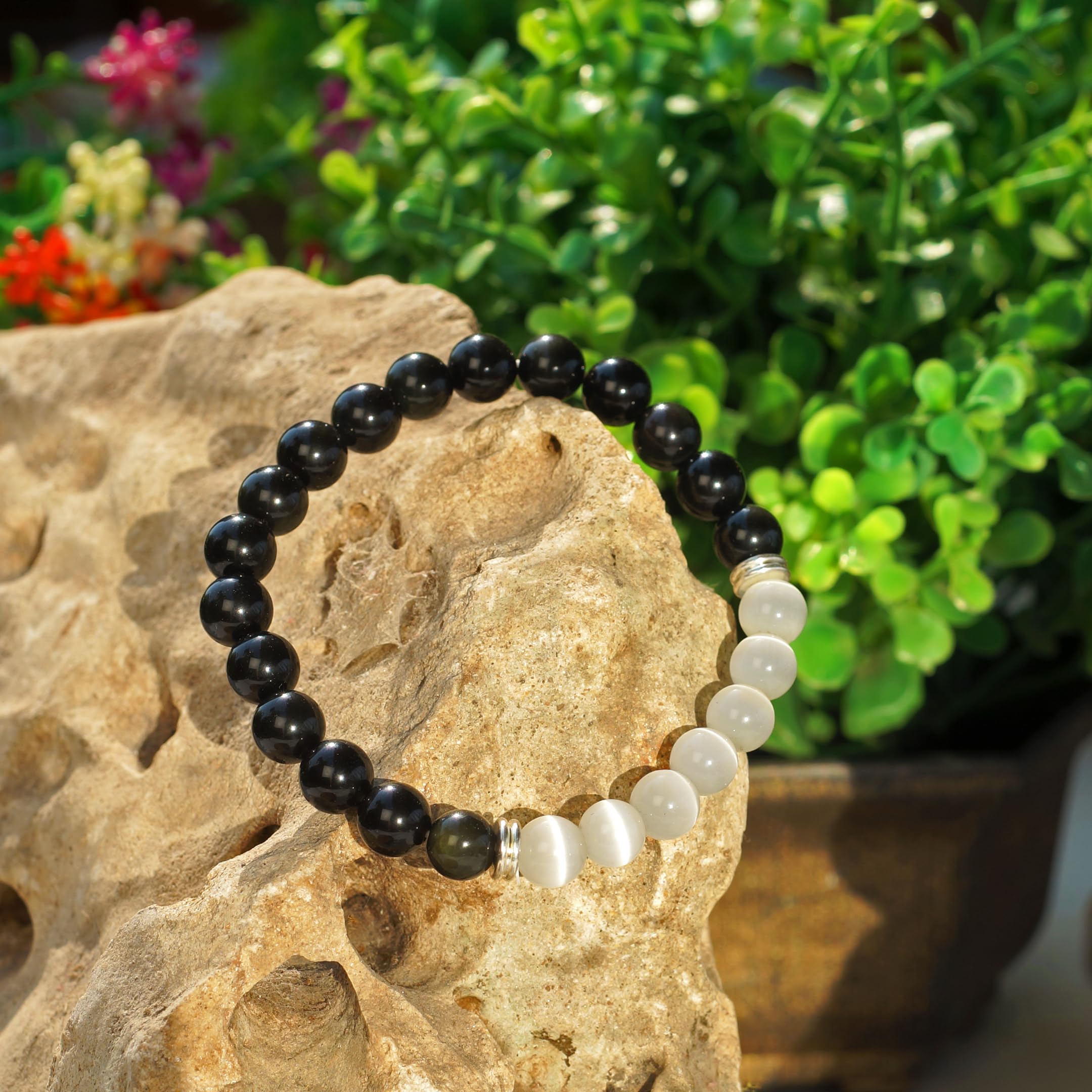 Natural Black Obsidian Crystal Bracelet - Chakra Healing Selenite Agate for Energy Balancing