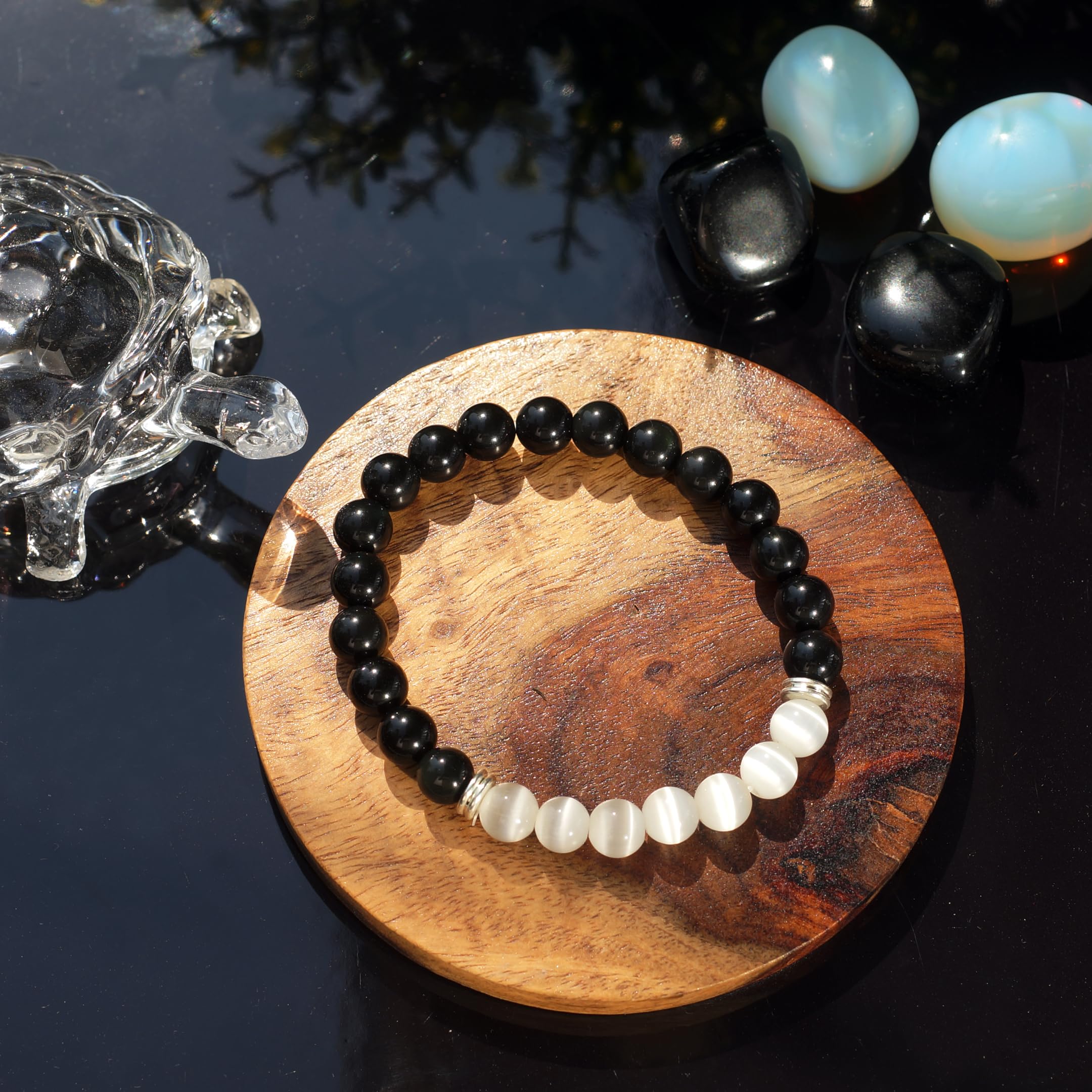 Natural Black Obsidian Crystal Bracelet - Chakra Healing Selenite Agate for Energy Balancing