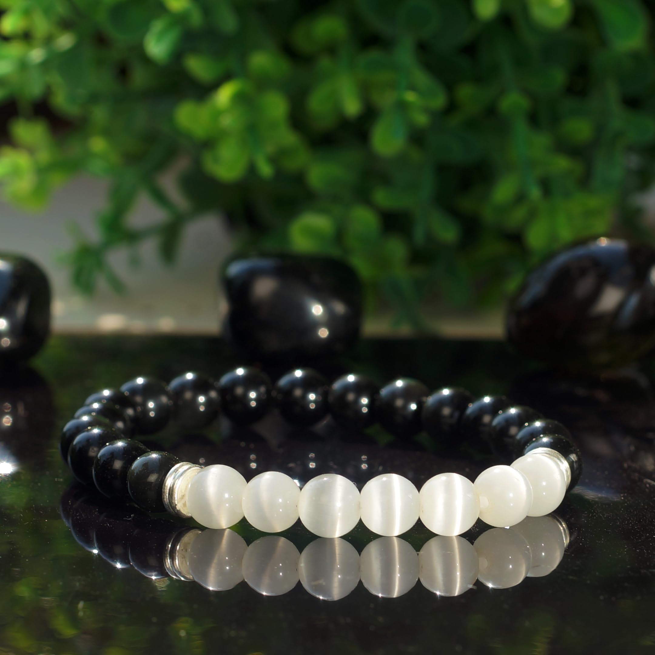 Natural Black Obsidian Crystal Bracelet - Chakra Healing Selenite Agate for Energy Balancing