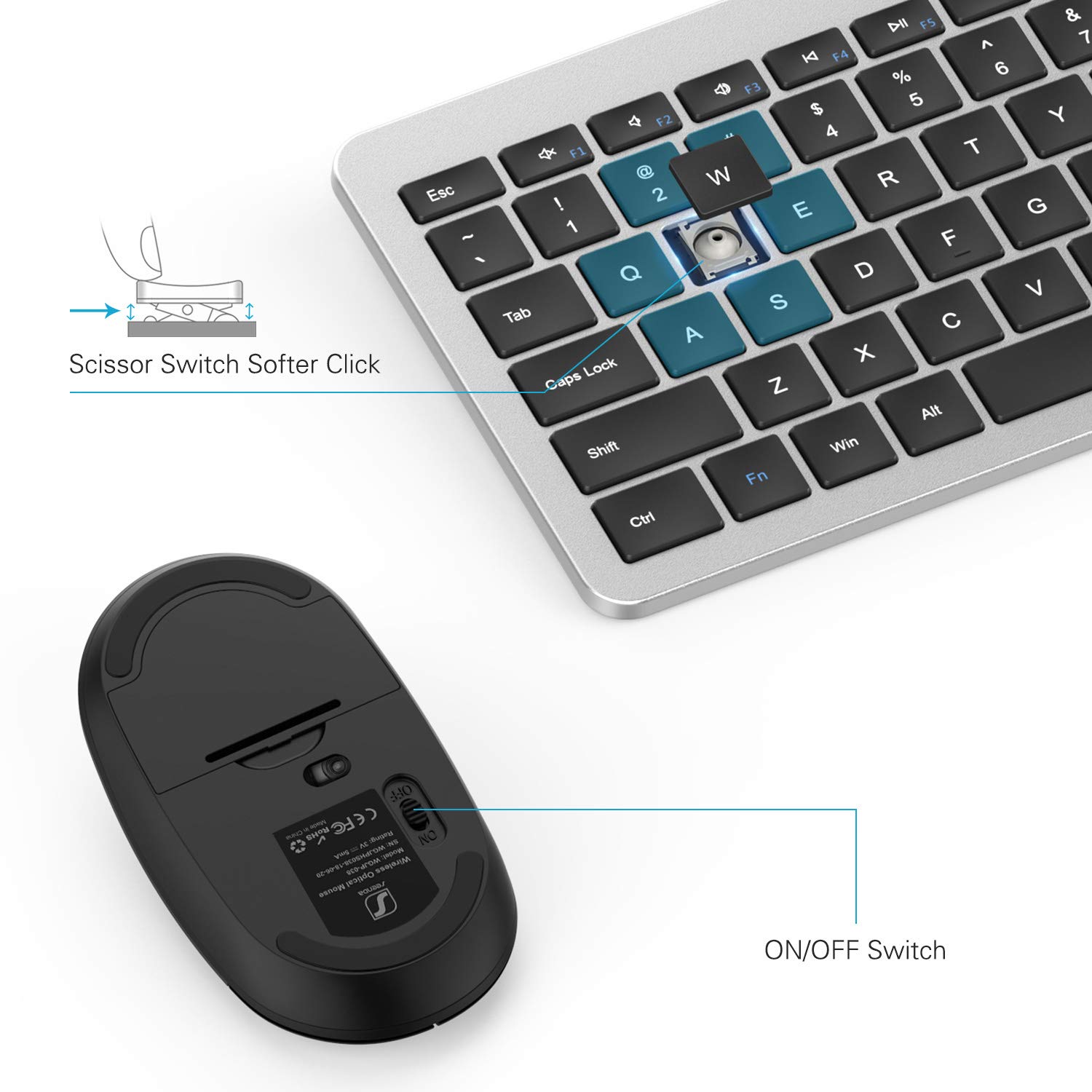 Wireless Keyboard and Mouse Combo - seenda Full Size Slim Thin Wireless Keyboard Mouse with On/Off Switch on Both Keyboard and Mouse - (Black and Silver)