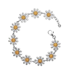 paul wright 925 sterling silver daisy bracelet, 10 daisies with 18k gold plated centres, 7” plus 1” extender