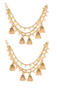 bindhani gold plated bahubali earrings hair chain with small dangling jhumki crafted by indian for women