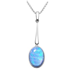 paul wright created blue opal necklace, in 925 sterling silver, 15mm x 10mm oval drop pendant design, vibrant blue color, 16” plus 2” extender