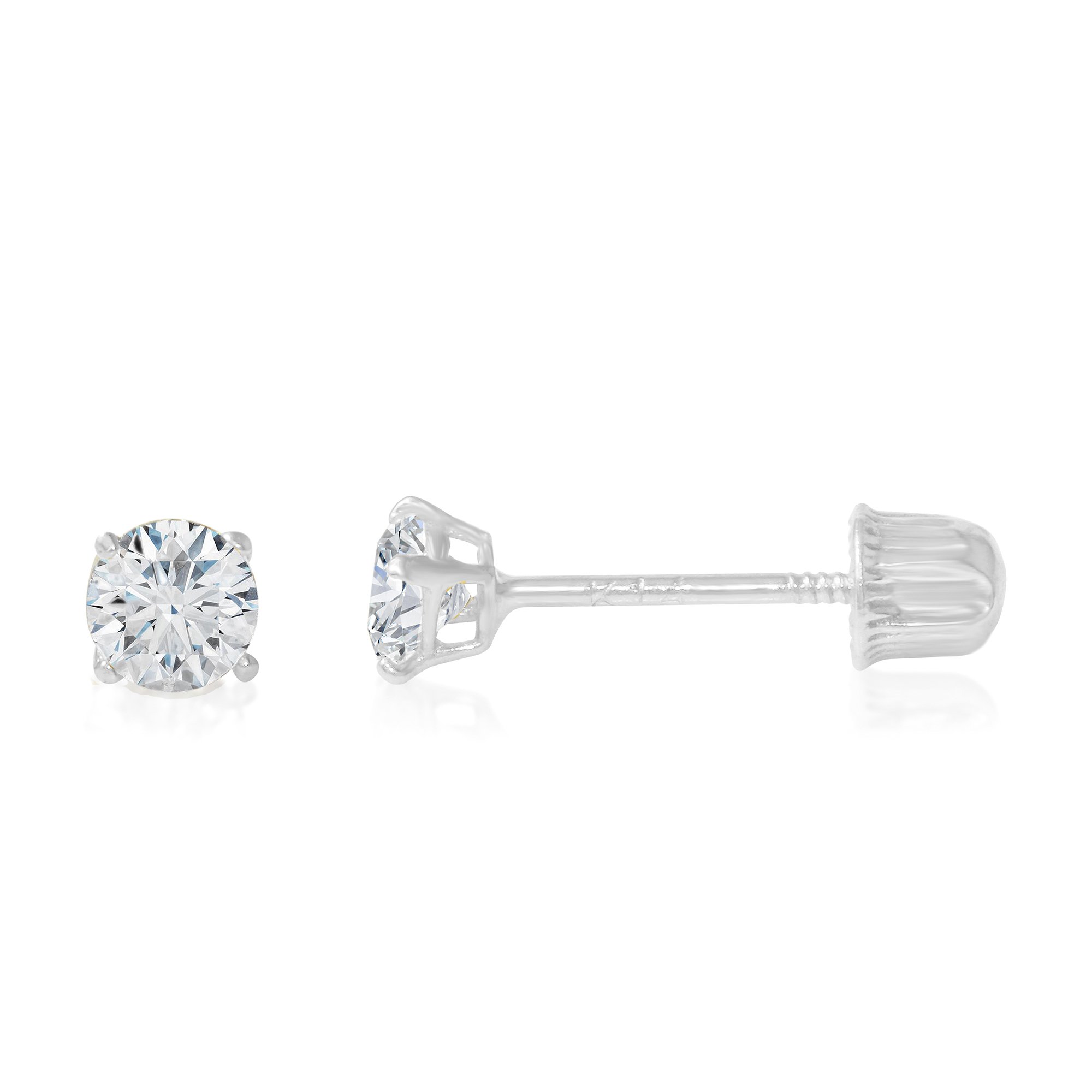 14K White Solid Gold Round Solitaire Cubic Zirconia CZ Stud Screw Back Earrings Pair - 0.05ct (2mm)