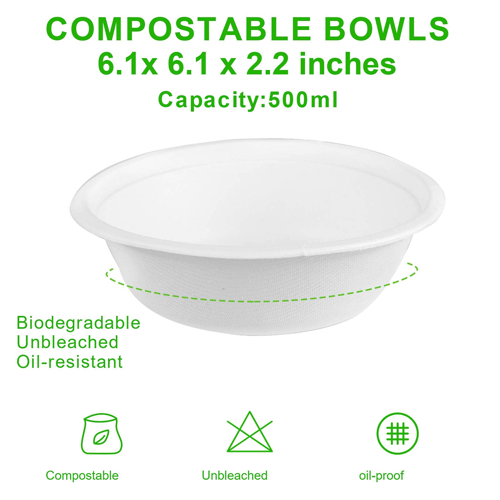 Go-Green 100% Compostable Disposable Bowls,Heavy Duty Paper Soup Bowl,Made of Sugarcane Fibers(17oz-500ml),50 pack