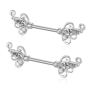 gabry&jwl 2pcs vintage flower nipplerings 14g stainless steel straight barbell nipple ring floral filigree inlay cubic zirconia butterfly wings nipple piercing for women(silver)