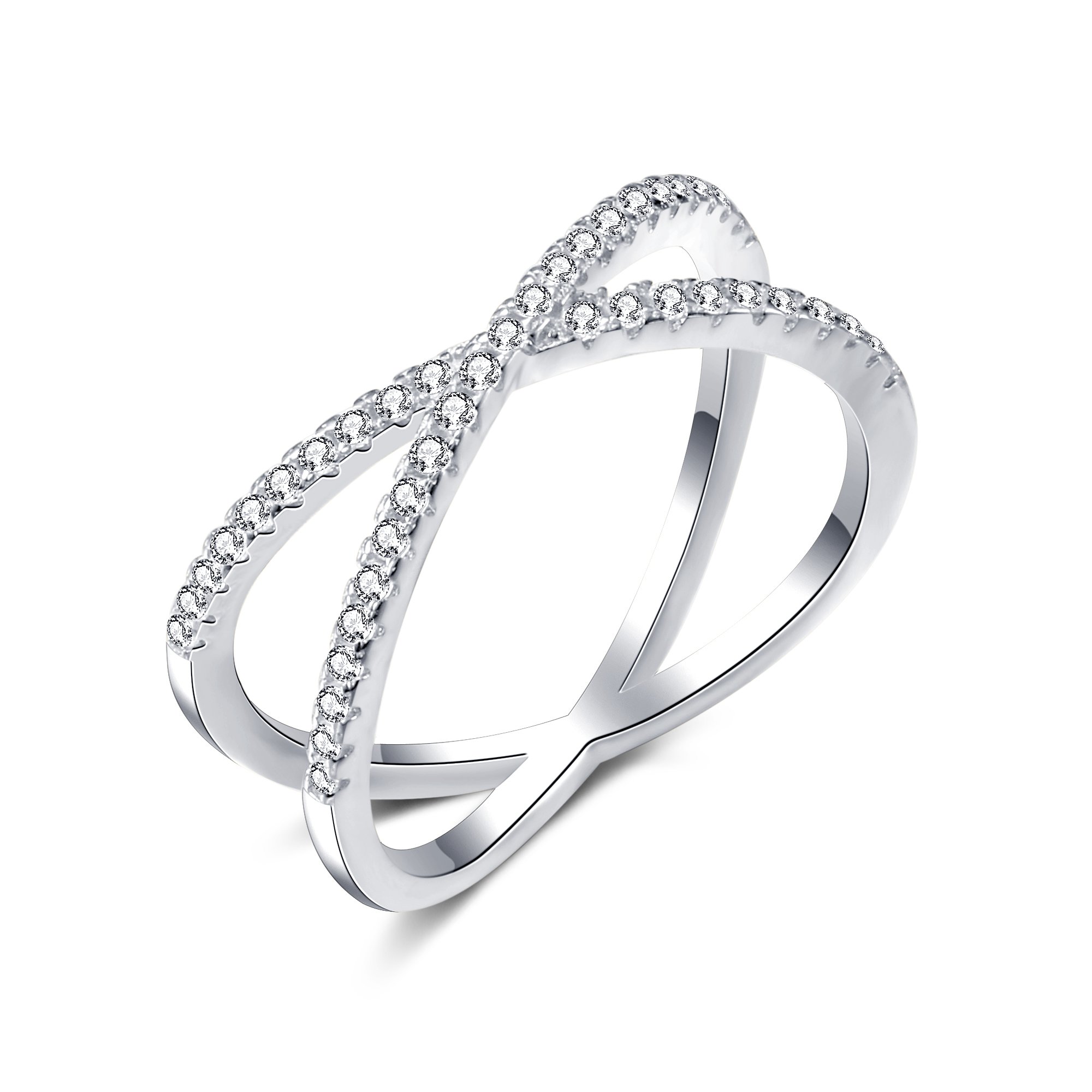 X ring Sterling Silver, Cubic Zirconia X Criss Cross Ring for Women, Mothers Day Jewelry for Wife Girlfriend, Present for Her, Size 6-8 (white-gold-plated-silver, 6)