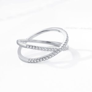 X ring Sterling Silver, Cubic Zirconia X Criss Cross Ring for Women, Mothers Day Jewelry for Wife Girlfriend, Present for Her, Size 6-8 (white-gold-plated-silver, 6)