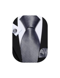 barry.wang men tie set plaid silver grey black silk necktie handkerchief cufflinks formal business wedding party