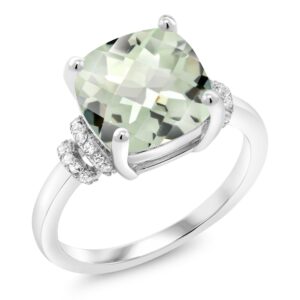 gem stone king 925 sterling silver green prasiolite ring for women (3.62 cttw, cushion checkerboard cut 10mm, available in size 5, 6, 7, 8, 9)