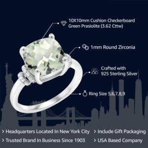 Gem Stone King 925 Sterling Silver Green Prasiolite Ring For Women (3.62 Cttw, Cushion Checkerboard Cut 10MM, Available in size 5, 6, 7, 8, 9)