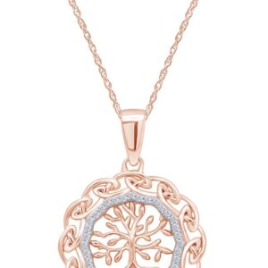 AFFY Celtic Knot Tree Life Pendant Necklace in 14k Rose Gold Over Sterling Silver Round Cut White Cubic Zirconia