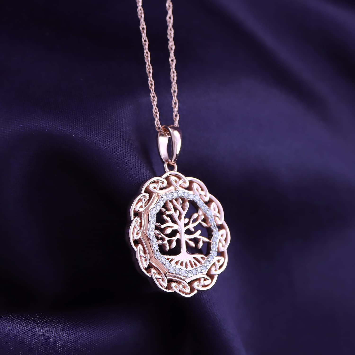 AFFY Celtic Knot Tree Life Pendant Necklace in 14k Rose Gold Over Sterling Silver Round Cut White Cubic Zirconia