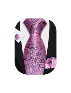 barry.wang men tie set paisley pink black silk necktie pocket square cufflinks formal wedding party business