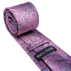 Barry.Wang Men Tie Set Paisley Pink Black Silk Necktie Pocket Square Cufflinks Formal Wedding Party Business