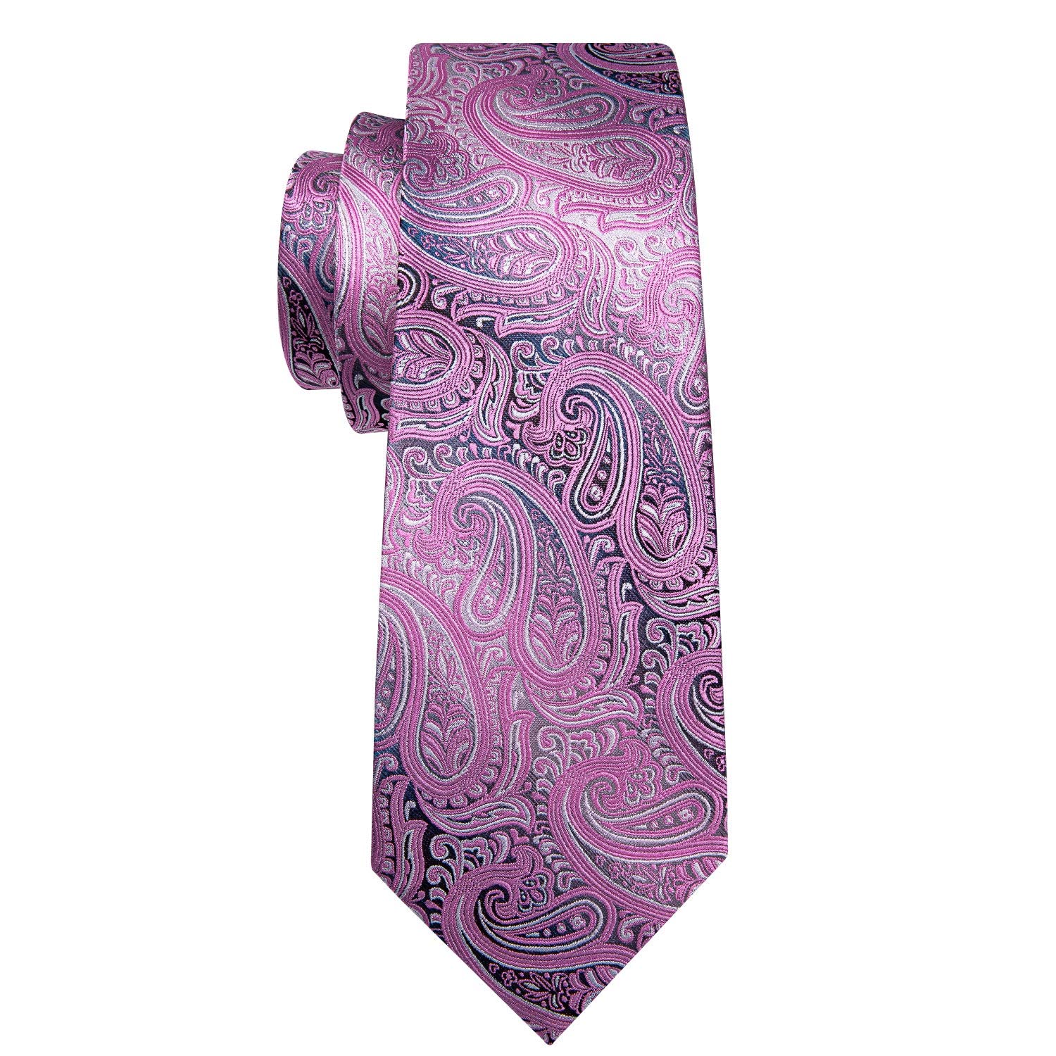 Barry.Wang Men Tie Set Paisley Pink Black Silk Necktie Pocket Square Cufflinks Formal Wedding Party Business