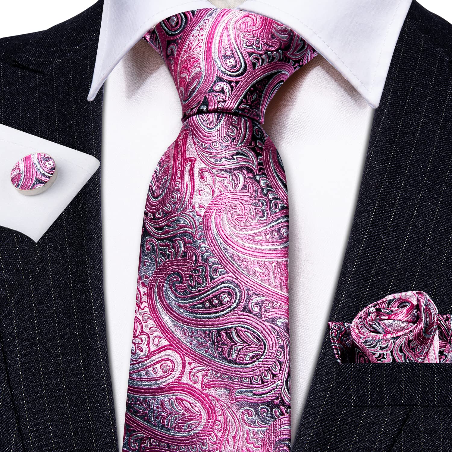 Barry.Wang Men Tie Set Paisley Pink Black Silk Necktie Pocket Square Cufflinks Formal Wedding Party Business