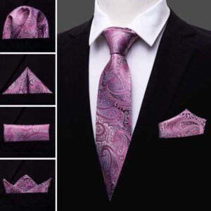 Barry.Wang Men Tie Set Paisley Pink Black Silk Necktie Pocket Square Cufflinks Formal Wedding Party Business