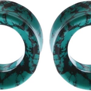 Ear gauges hollow organic stone Teal Howlite flesh tunnel eyelet plugs SoScene 10mm- 00 gauge