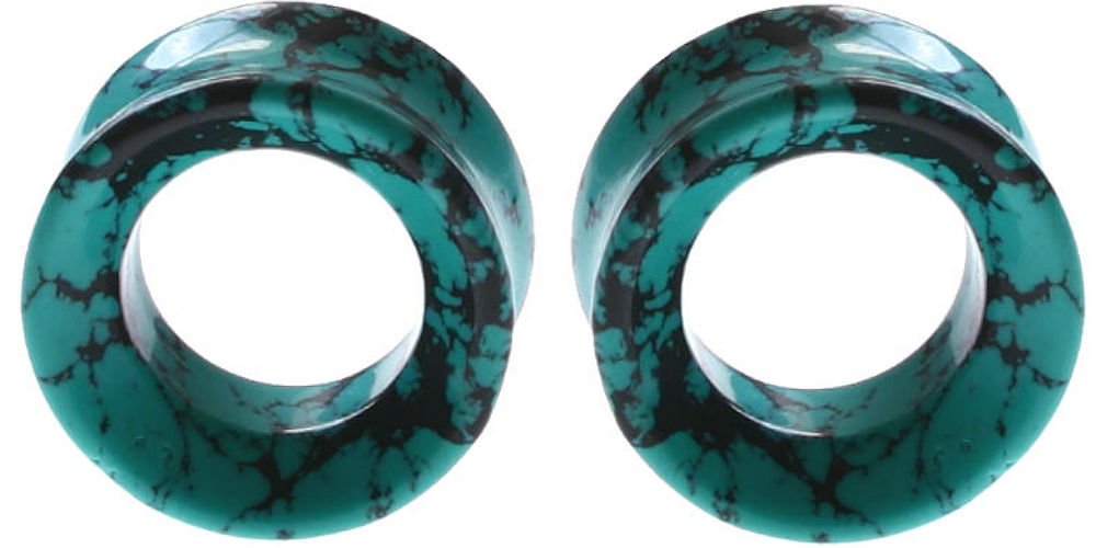 Ear gauges hollow organic stone Teal Howlite flesh tunnel eyelet plugs SoScene 10mm- 00 gauge