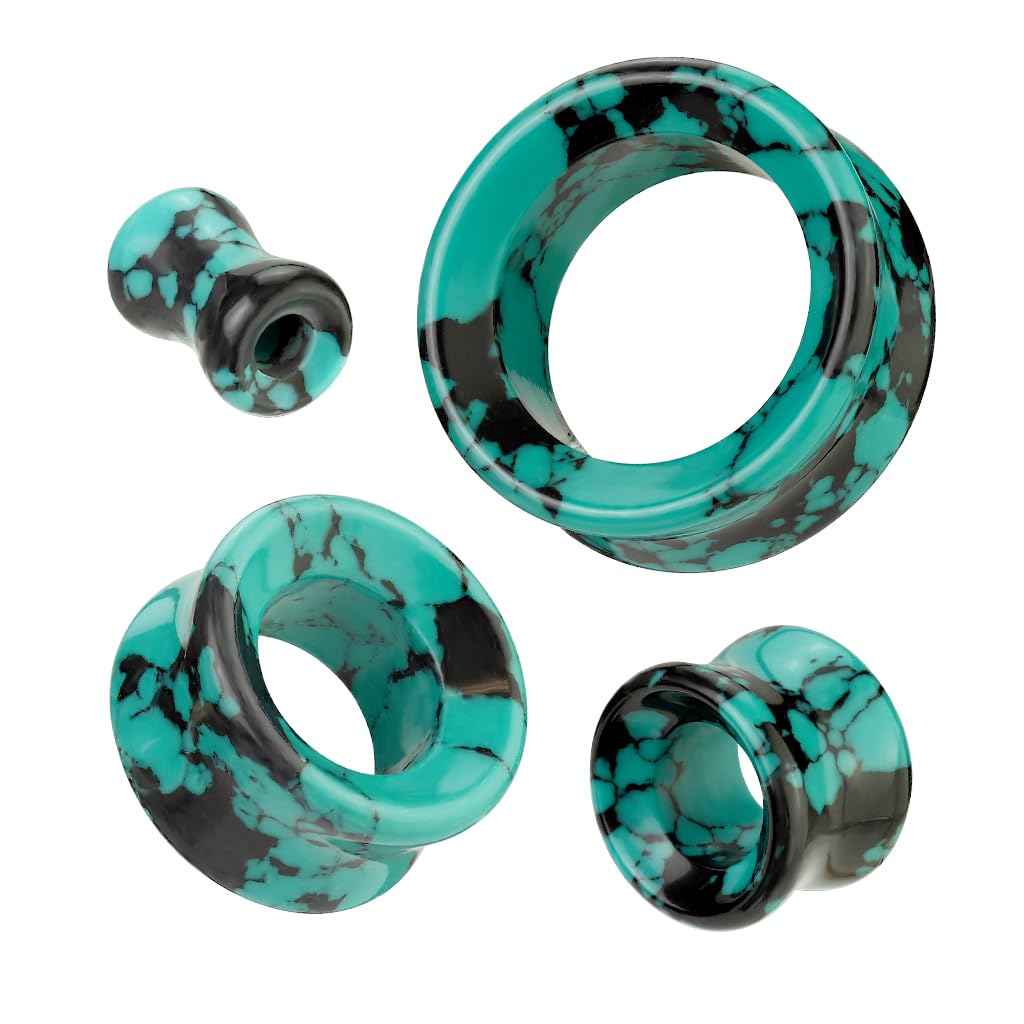 Ear gauges hollow organic stone Teal Howlite flesh tunnel eyelet plugs SoScene 10mm- 00 gauge