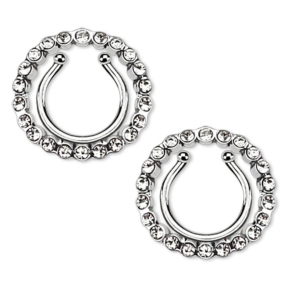 CZ Crystal Paved Circle No Pierce Fake Clip On Nipple Ring, Sold as a Pair (Clear)