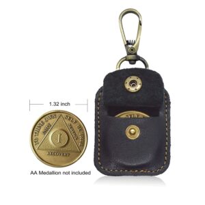 AA Medallion or Coin Holder, Leather Key Chain Snap Open Leather Case (Black)