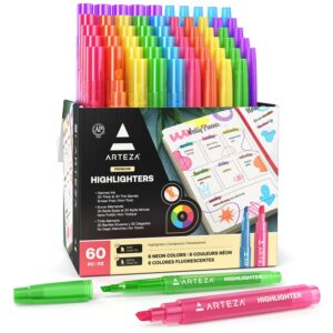 arteza highlighters assorted colors, bulk set of 60, neon, wide and narrow chisel tip markers, office and school supplies for teachers, students