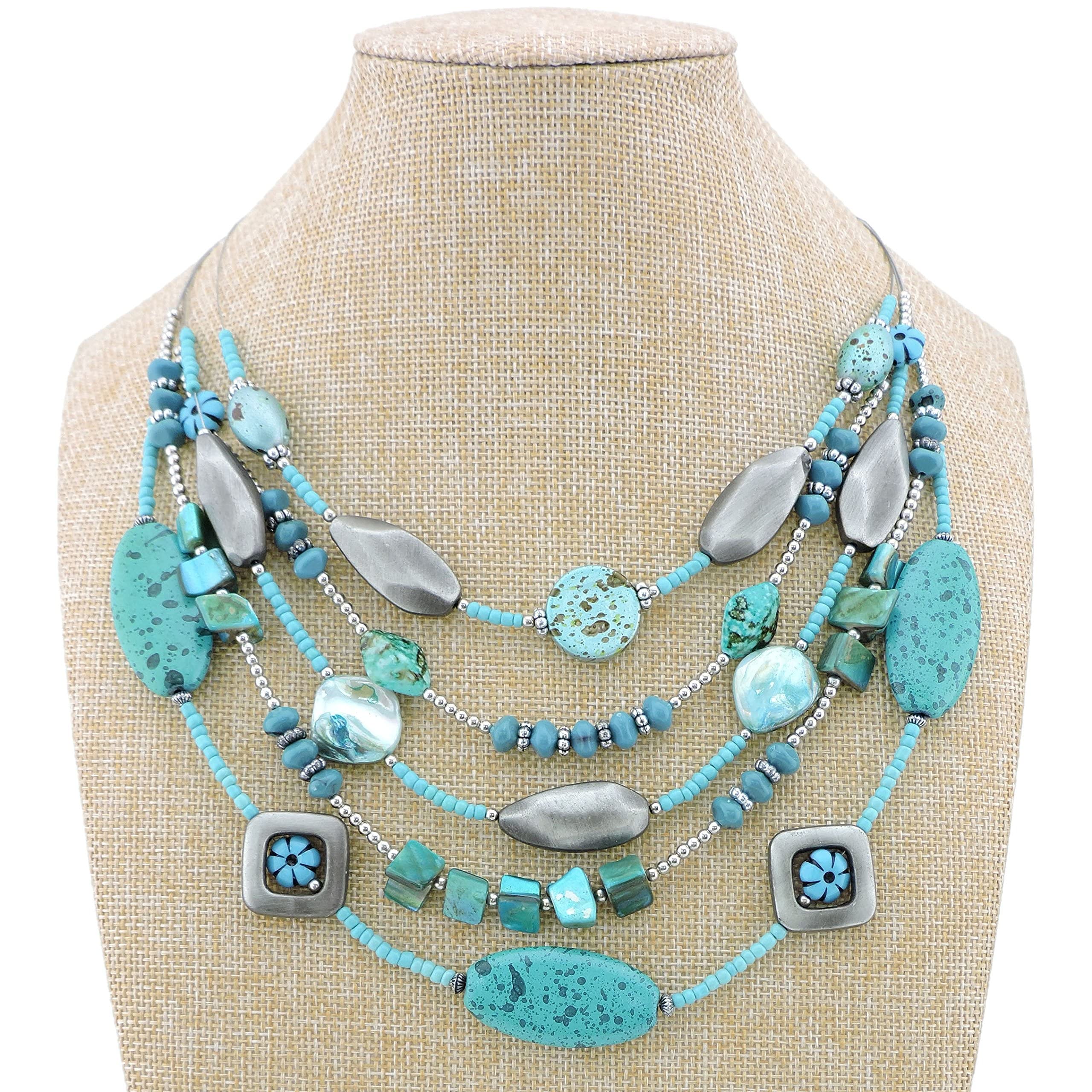 Coiris 5 Layers Shell Acrylic Beads Illusion Statement Bib Necklace for Women (N0016)