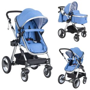 baby joy baby stroller, 2-in-1 convertible bassinet reclining stroller, foldable pram carriage with 5-point harness, including cup holder, foot cover, diaper bag, aluminum structure, blue