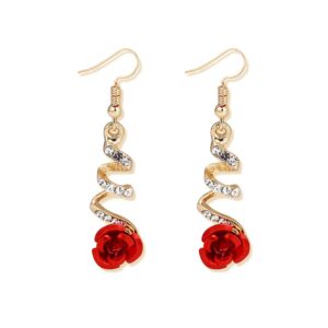 vintage red 3d rose drop earrings for women statement dangle earrings with crystal rhinestone valentine's day gift