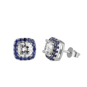 doveggs moissanite stud earrings for women 10k white gold post 2ct ghi cushion cut halo created moissanite with blue sapphire push back earrings sterling silver (6x6mm cushion-cut)