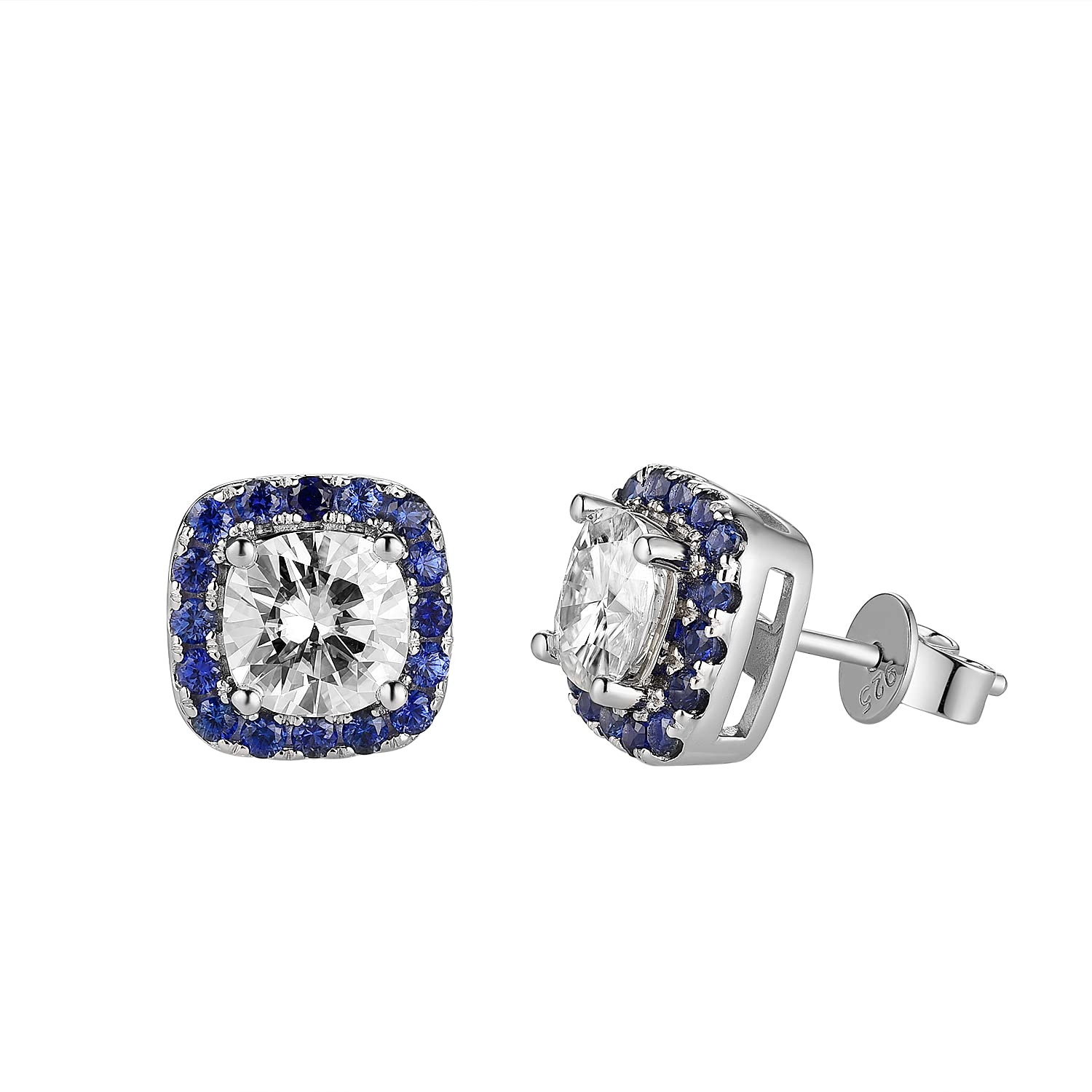 DovEggs Moissanite Stud Earrings for Women 10K White Gold Post 2ct GHI Cushion Cut Halo Created Moissanite with Blue Sapphire Push Back Earrings Sterling Silver (6X6mm Cushion-Cut)