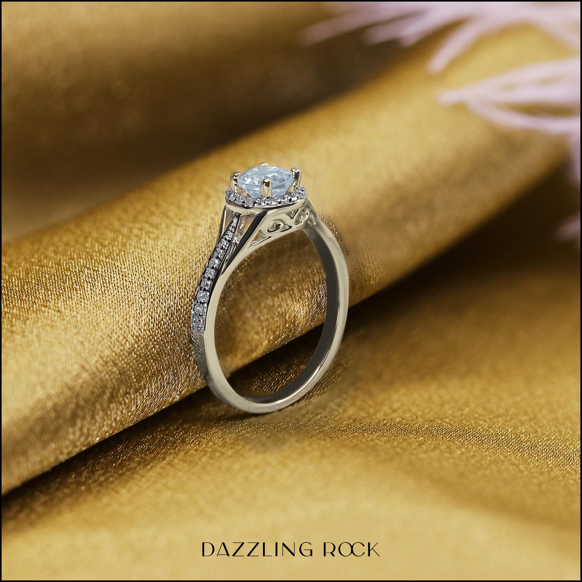 Dazzlingrock Collection 5mm Round Aquamarine & White Diamond Halo Style Bridal Engagement Ring for Her in 14K Yellow Gold Size 6