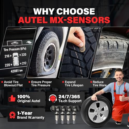 Autel TPMS Sensor Set of 4, MX-Sensor 2in 1 Dual Frequency 315MHz + 433MHz Press-in OE-Level Universal TPMS Sensors Programmable by Autel TPMS Tool Compatible with TS408S TS508WF TS601 (Metal Valves)