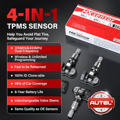 Autel TPMS Sensor Set of 4, MX-Sensor 2in 1 Dual Frequency 315MHz + 433MHz Press-in OE-Level Universal TPMS Sensors Programmable by Autel TPMS Tool Compatible with TS408S TS508WF TS601 (Metal Valves)