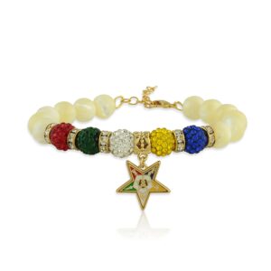 order of the eastern star mother of pearl gemstone charm bracelet with gold tone extender chain and lobster claw clasp (fits wrists 7 to 9.5 inches)