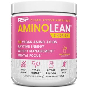 rsp nutrition aminolean pre workout powder, amino energy & weight management with vegan bcaa amino acids, natural caffeine, preworkout boost for men & women, 30 serv, pink lemonade…