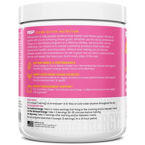 RSP NUTRITION AminoLean Pre Workout Powder, Amino Energy & Weight Management with Vegan BCAA Amino Acids, Natural Caffeine, Preworkout Boost for Men & Women, 30 Serv, Pink Lemonade…