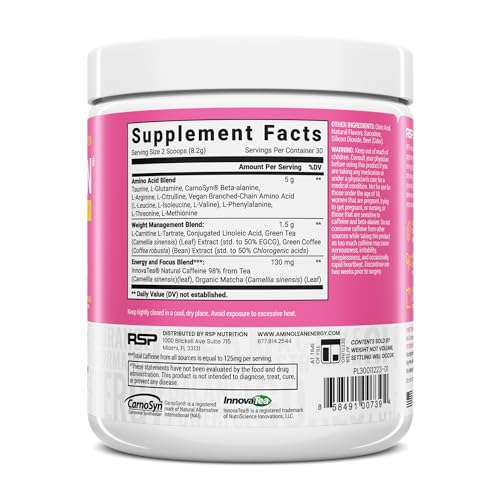 RSP NUTRITION AminoLean Pre Workout Powder, Amino Energy & Weight Management with Vegan BCAA Amino Acids, Natural Caffeine, Preworkout Boost for Men & Women, 30 Serv, Pink Lemonade…