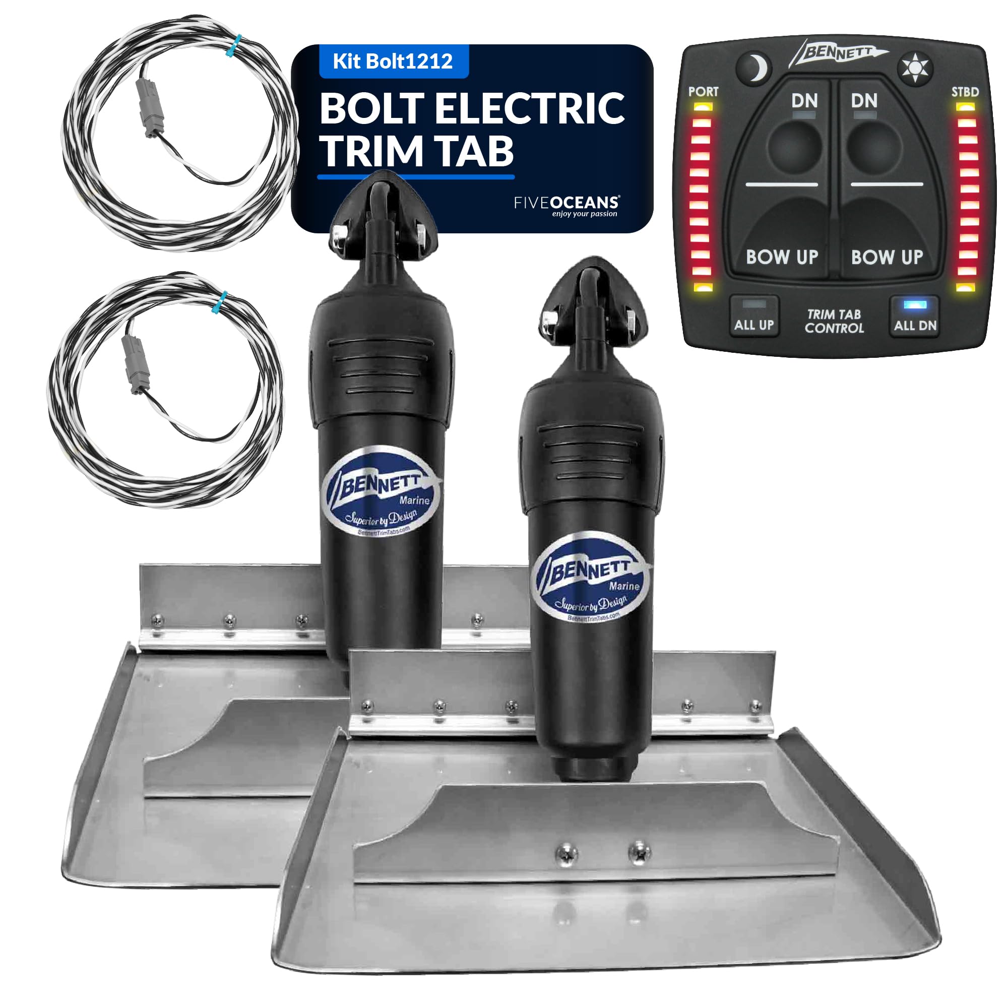 Bennett Bolt Electric Trim Tab System 12" x 12", includes Integrated Helm Control, Actuators, Wires Harnesses and Mounting Hardware, Complete Kit BOLT1212, 12V DC - FO4321