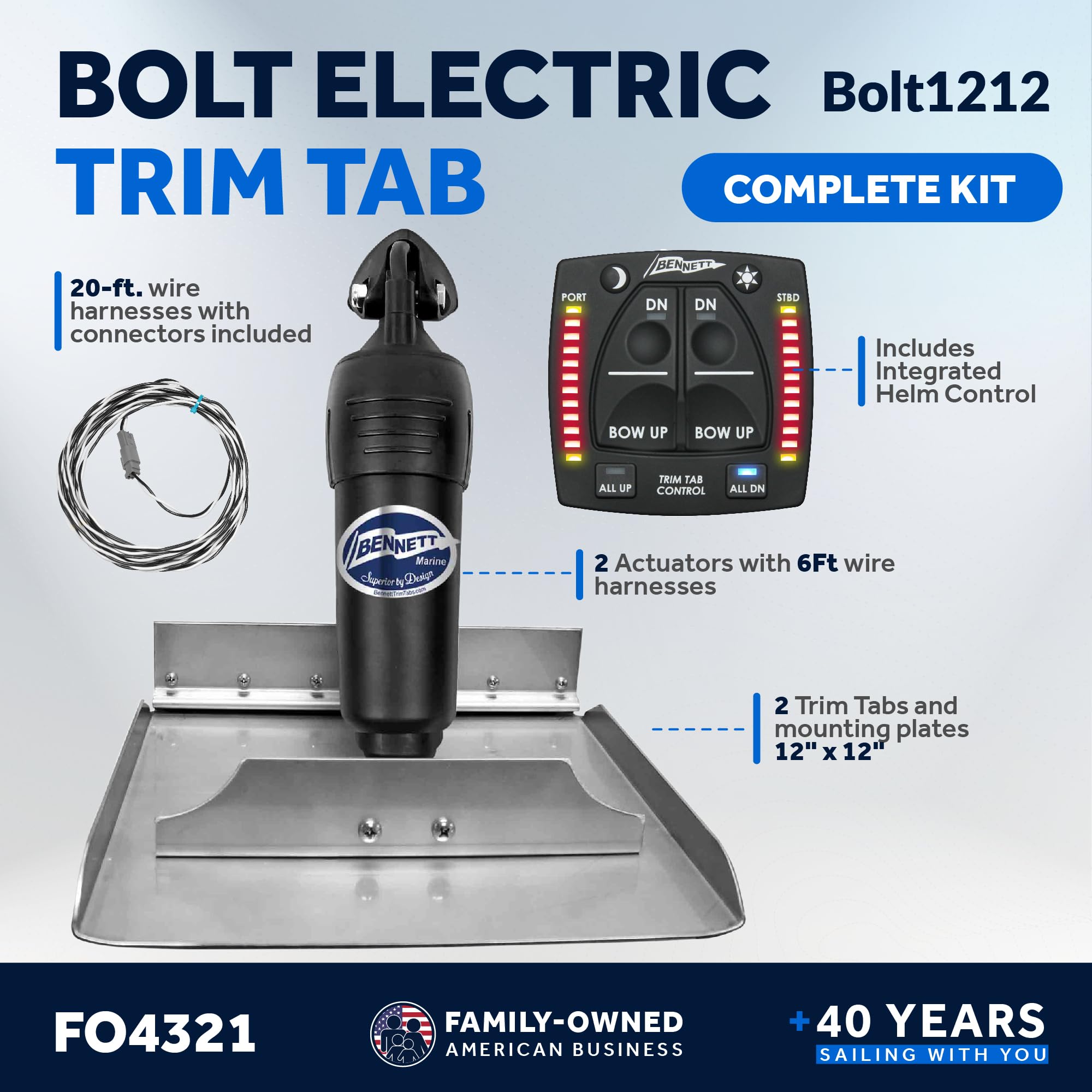 Bennett Bolt Electric Trim Tab System 12" x 12", includes Integrated Helm Control, Actuators, Wires Harnesses and Mounting Hardware, Complete Kit BOLT1212, 12V DC - FO4321