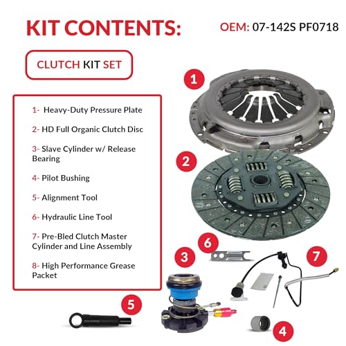 Clutch With Slave And Pre-Bled Clutch Master Cylinder and Line Assembly Kit compatible with B2300 B2500 B3000 Ranger Base Lx Lxt Limited Crew Ds Se Sx Troy 1995-2011 2.3L L4 2.5L L4 3.0L V6 (07-142S)