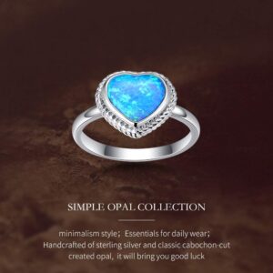 FANCIME Valentines Day Ring Gifts Sterling Silver Created Blue Opal Ring Heart Women Rings Dainty Engagement Ring for Women Size 7