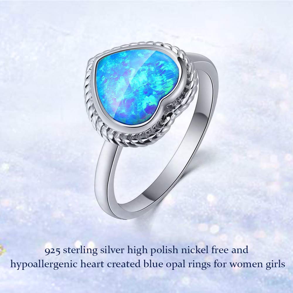 FANCIME Valentines Day Ring Gifts Sterling Silver Created Blue Opal Ring Heart Women Rings Dainty Engagement Ring for Women Size 7